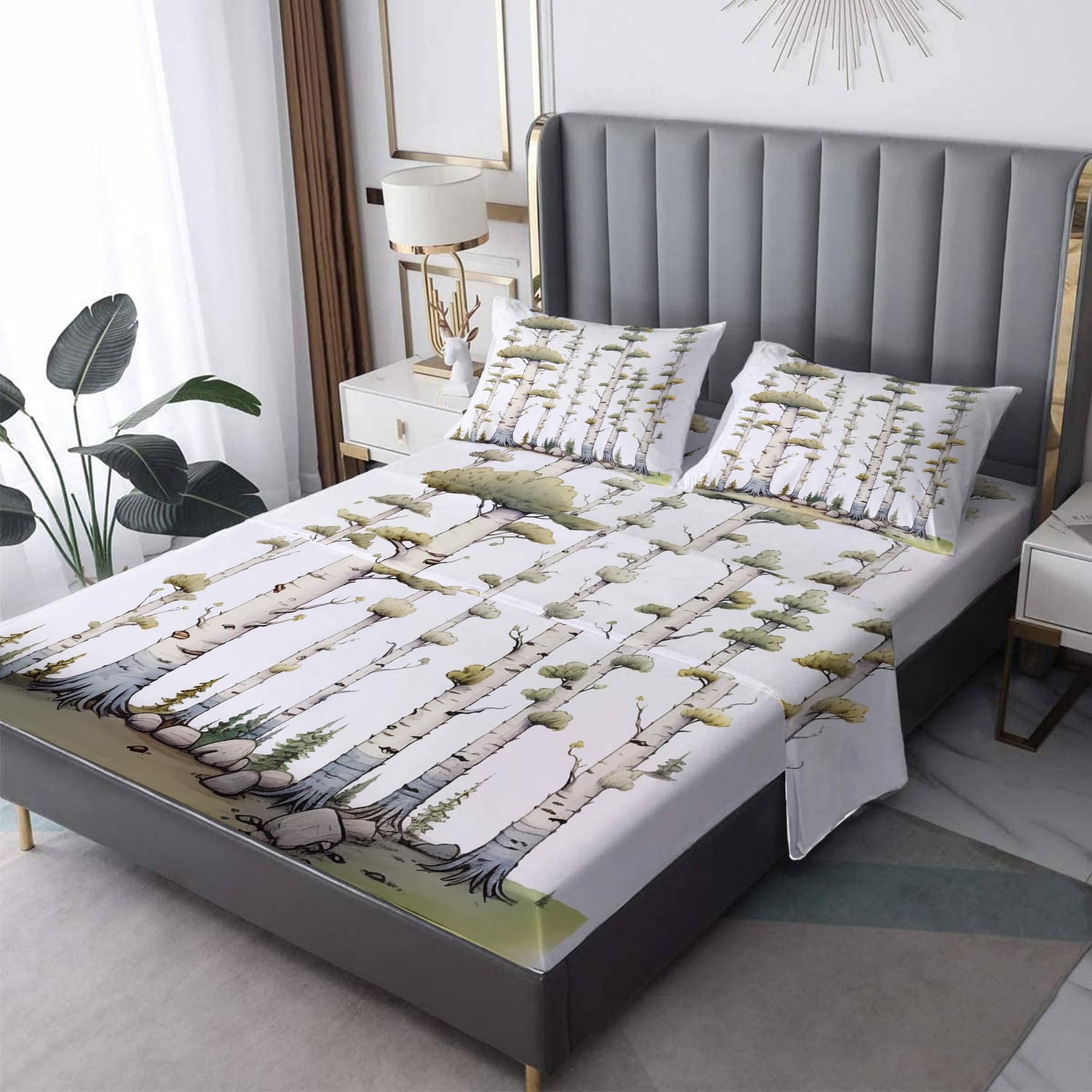 Birch Sheets Full Size, Forest Bed Sheets, Patterned Bedding Sheets & Pillowcases 4 Piece Set - Soft Microfiber Deep Pocket Fitted Sheet & Flat Sheet & 2 Pillow Cases J1-&-61