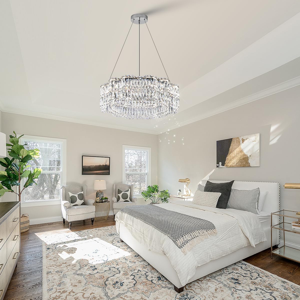 Poemoon Modern Crystal LED Chandelier 32ββ with Remote Control Dimmable 3000-6500K Contemporary Chrome Luxury Chandeliers Light Fixture for Living Dining Room Bedroom Kitchen Island Foyer Entryway