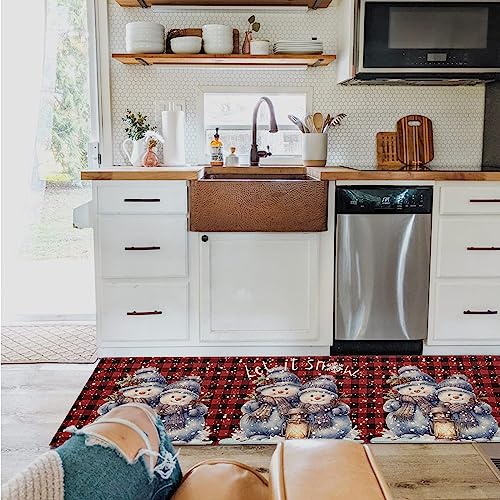 Christmas 2Pcs Kitchen Rugs, Anti Fatigue Kitchen Mat Non Slip Rug Runner Comfort Standing Floor Mats Kitchen Carpet Set for Sink, Laundry - Christmas Cartoon Snowman Red Black Plaid