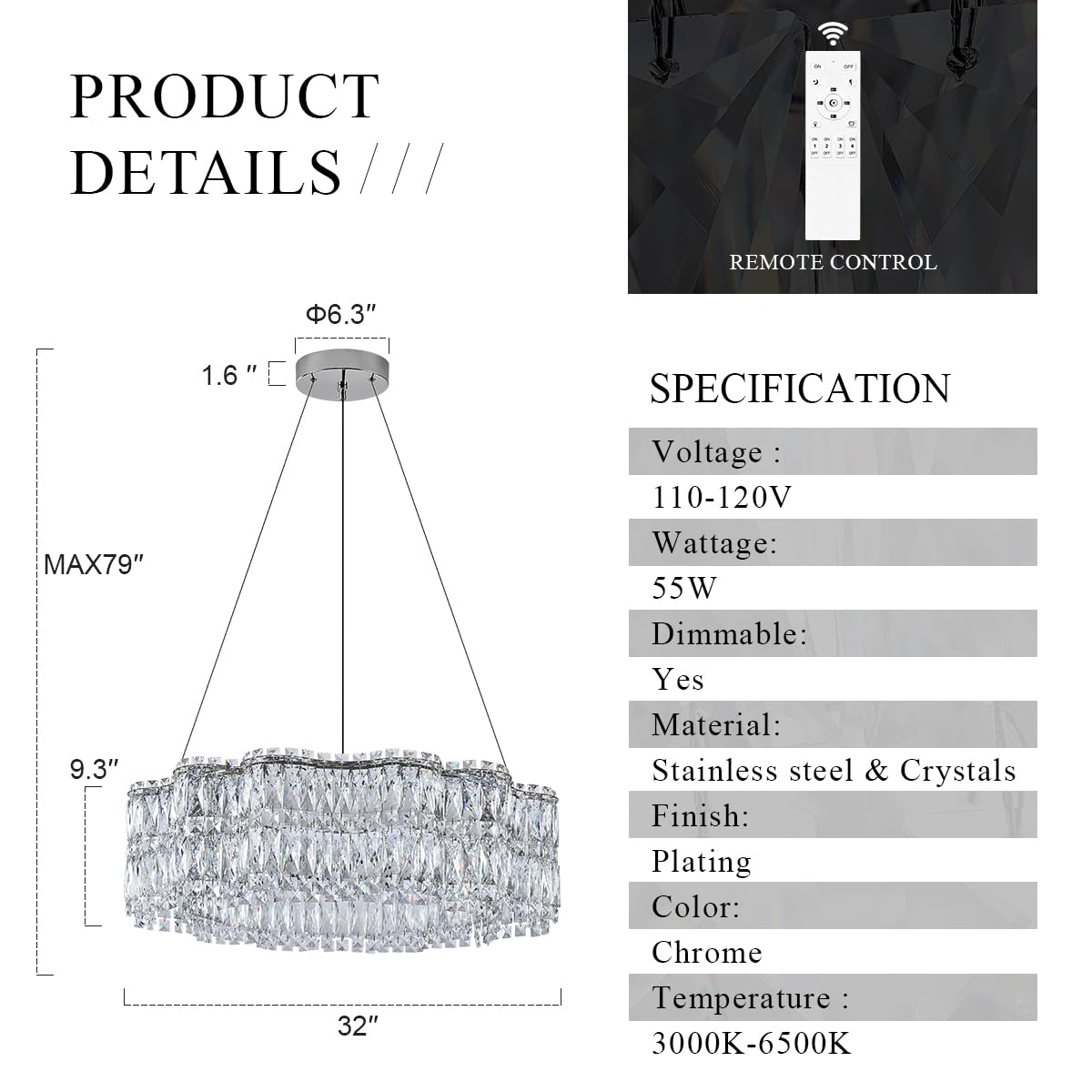 Poemoon Modern Crystal LED Chandelier 32ββ with Remote Control Dimmable 3000-6500K Contemporary Chrome Luxury Chandeliers Light Fixture for Living Dining Room Bedroom Kitchen Island Foyer Entryway