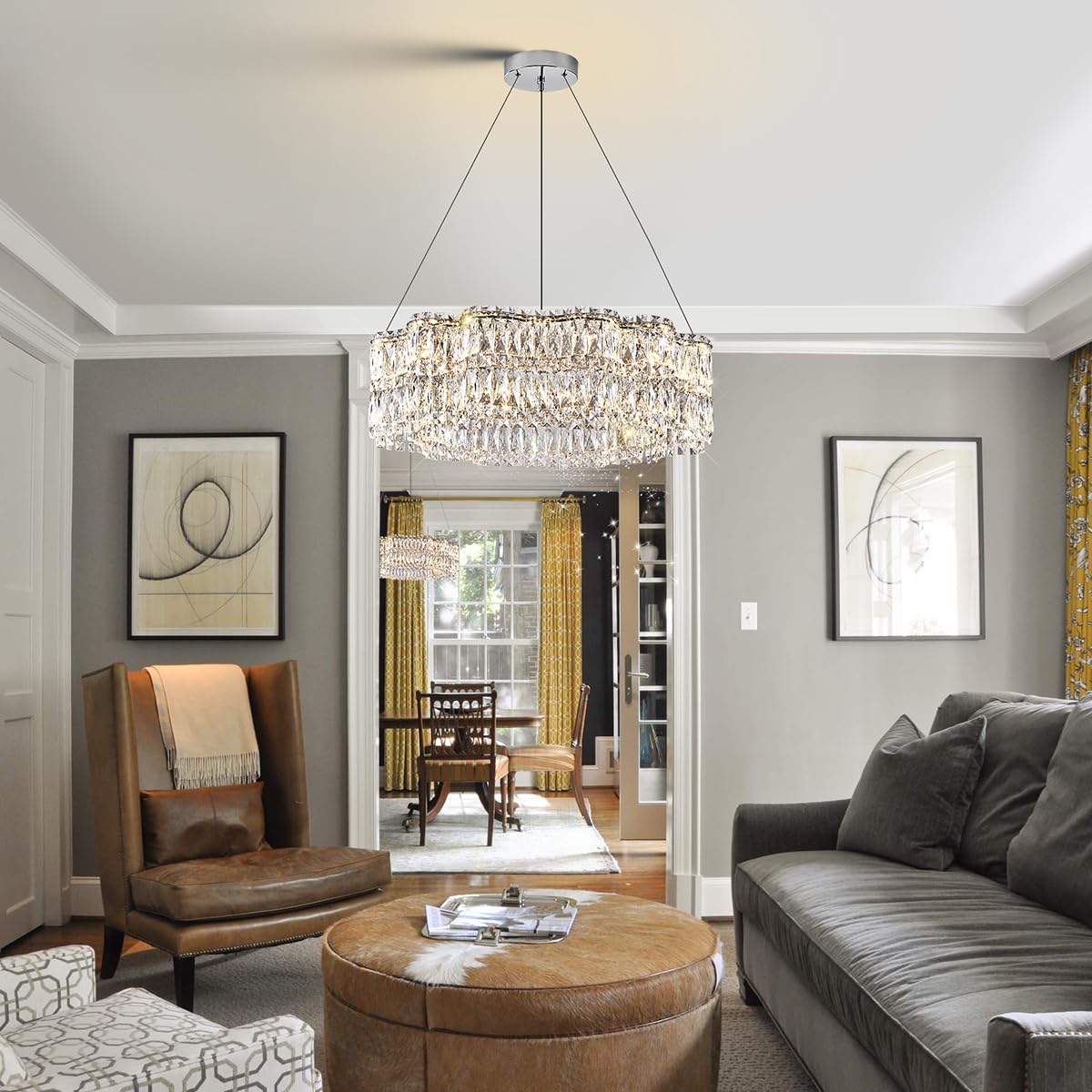Poemoon Modern Crystal LED Chandelier 32ββ with Remote Control Dimmable 3000-6500K Contemporary Chrome Luxury Chandeliers Light Fixture for Living Dining Room Bedroom Kitchen Island Foyer Entryway