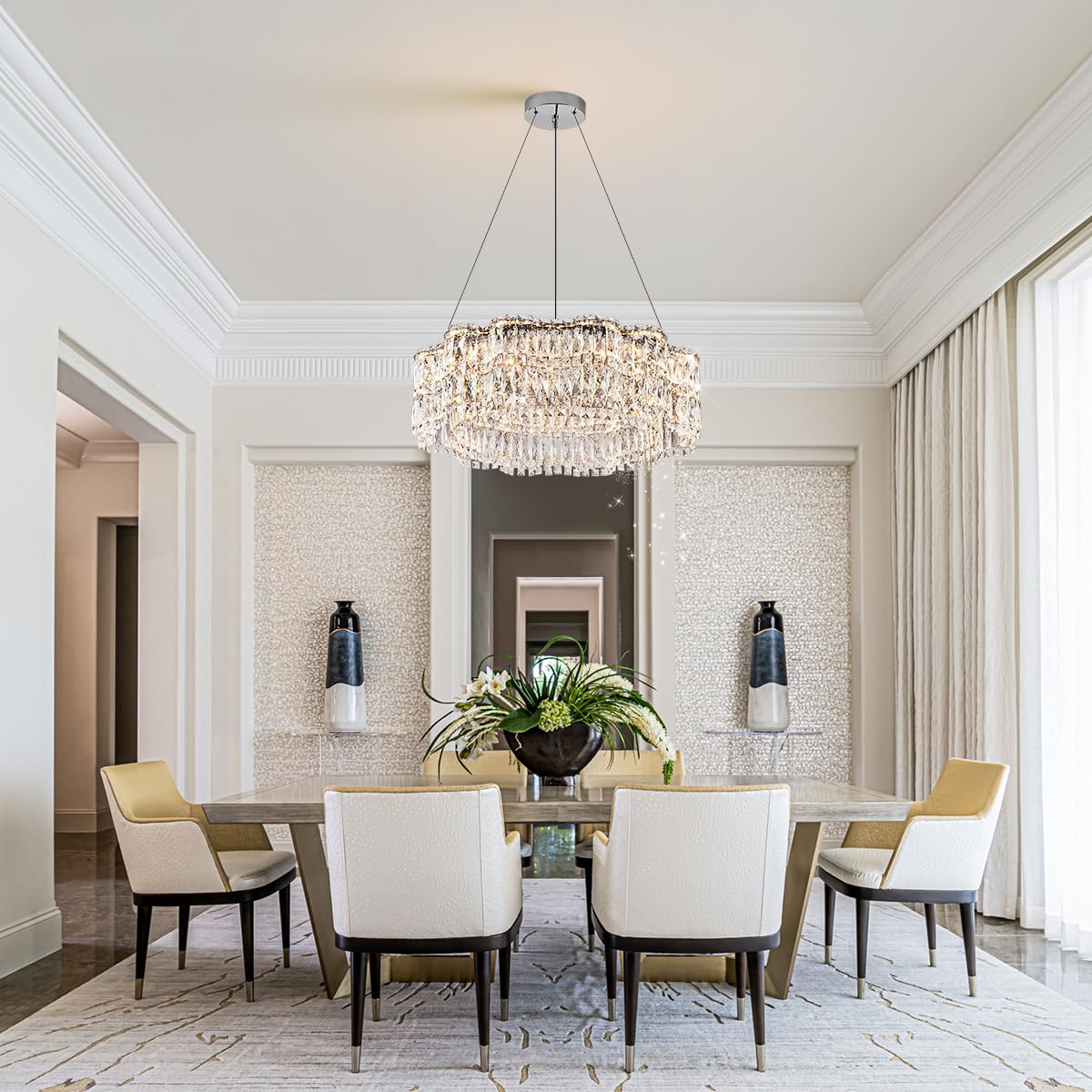 Poemoon Modern Crystal LED Chandelier 32ββ with Remote Control Dimmable 3000-6500K Contemporary Chrome Luxury Chandeliers Light Fixture for Living Dining Room Bedroom Kitchen Island Foyer Entryway