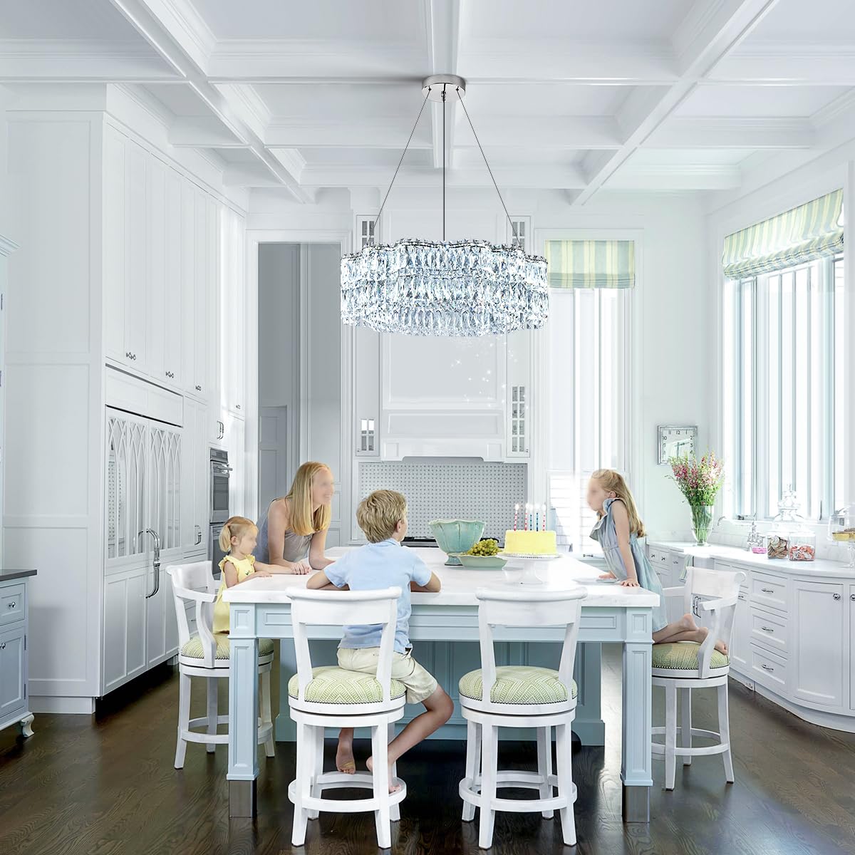 Poemoon Modern Crystal LED Chandelier 32ββ with Remote Control Dimmable 3000-6500K Contemporary Chrome Luxury Chandeliers Light Fixture for Living Dining Room Bedroom Kitchen Island Foyer Entryway