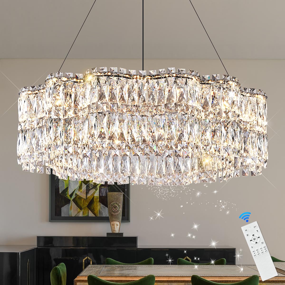Poemoon Modern Crystal LED Chandelier 32’’ with Remote Control Dimmable 3000-6500K Contemporary Chrome Luxury Chandeliers Light Fixture for Living Dining Room Bedroom Kitchen Island Foyer Entryway