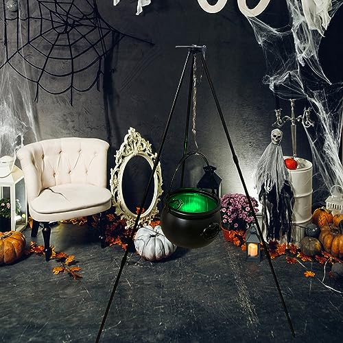 Sarkoyar Halloween Decor Outdoor,Witches Cauldron on Tripod with Green Light,Black Plastic Bowl Decor,Hocus Pocus Candy Bucket Decor for Home Patio Garden Lawn Outside Black