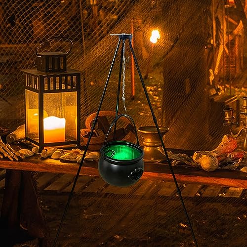 Sarkoyar Halloween Decor Outdoor,Witches Cauldron on Tripod with Green Light,Black Plastic Bowl Decor,Hocus Pocus Candy Bucket Decor for Home Patio Garden Lawn Outside Black