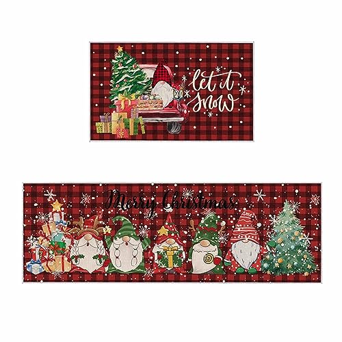 Christmas 2Pcs Kitchen Rugs Anti Fatigue Kitchen Mat Non Slip Rug Runner Comfort Standing Floor Mats Kitchen Carpet Set for Sink Laundry - Christmas Red Truck Pull Gnome Xmas Tree Red Buffalo Plaid