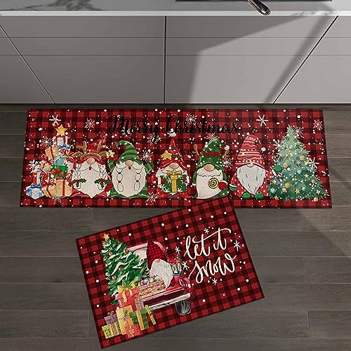 Christmas 2Pcs Kitchen Rugs Anti Fatigue Kitchen Mat Non Slip Rug Runner Comfort Standing Floor Mats Kitchen Carpet Set for Sink Laundry - Christmas Red Truck Pull Gnome Xmas Tree Red Buffalo Plaid