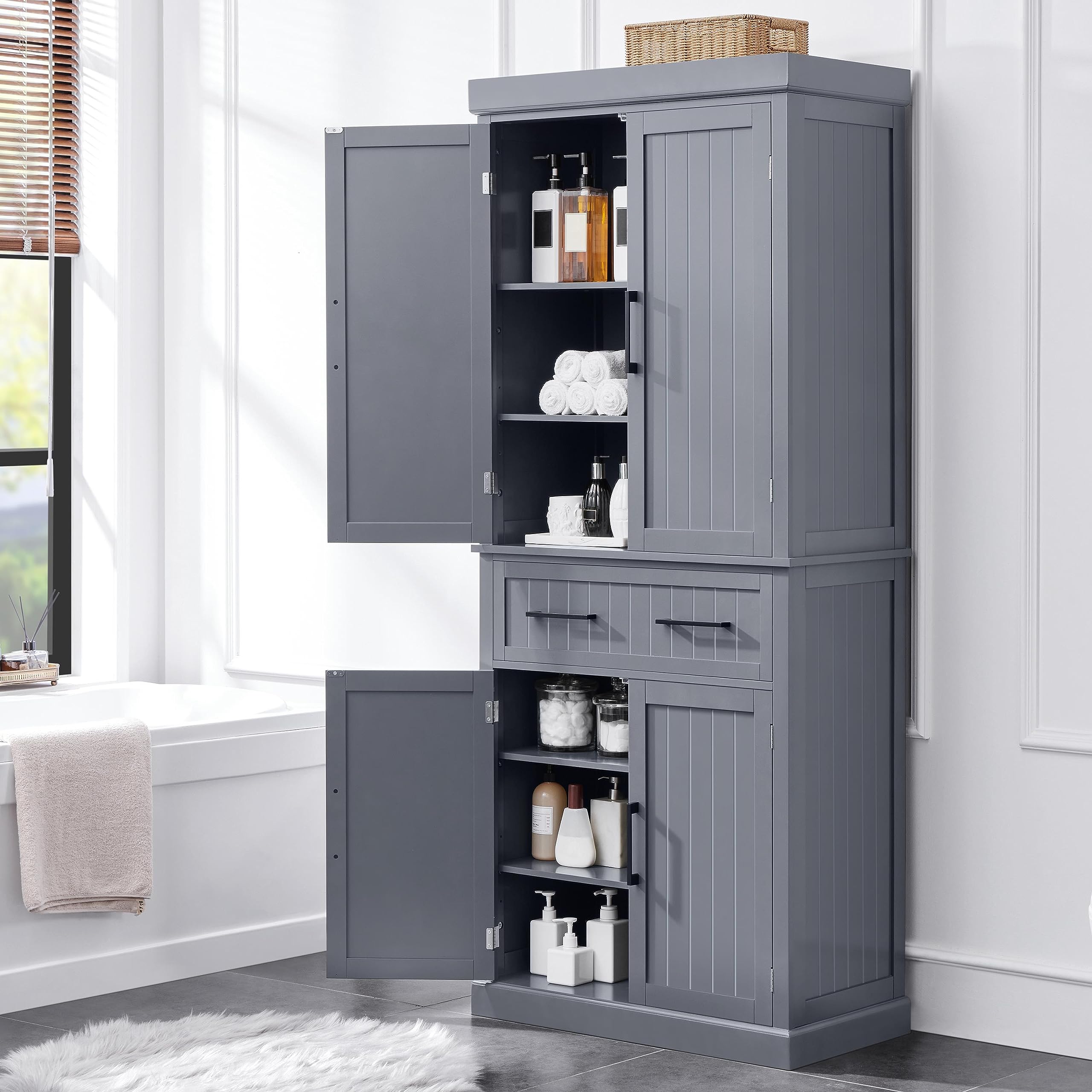 Yaheetech Kitchen Pantry Storage Cabinet with Drawer, 72.5" H Cupboard Pantry Cabinets with Adjustable Shelves and Barn Doors for Dining Room/Living Room, Dark Gray