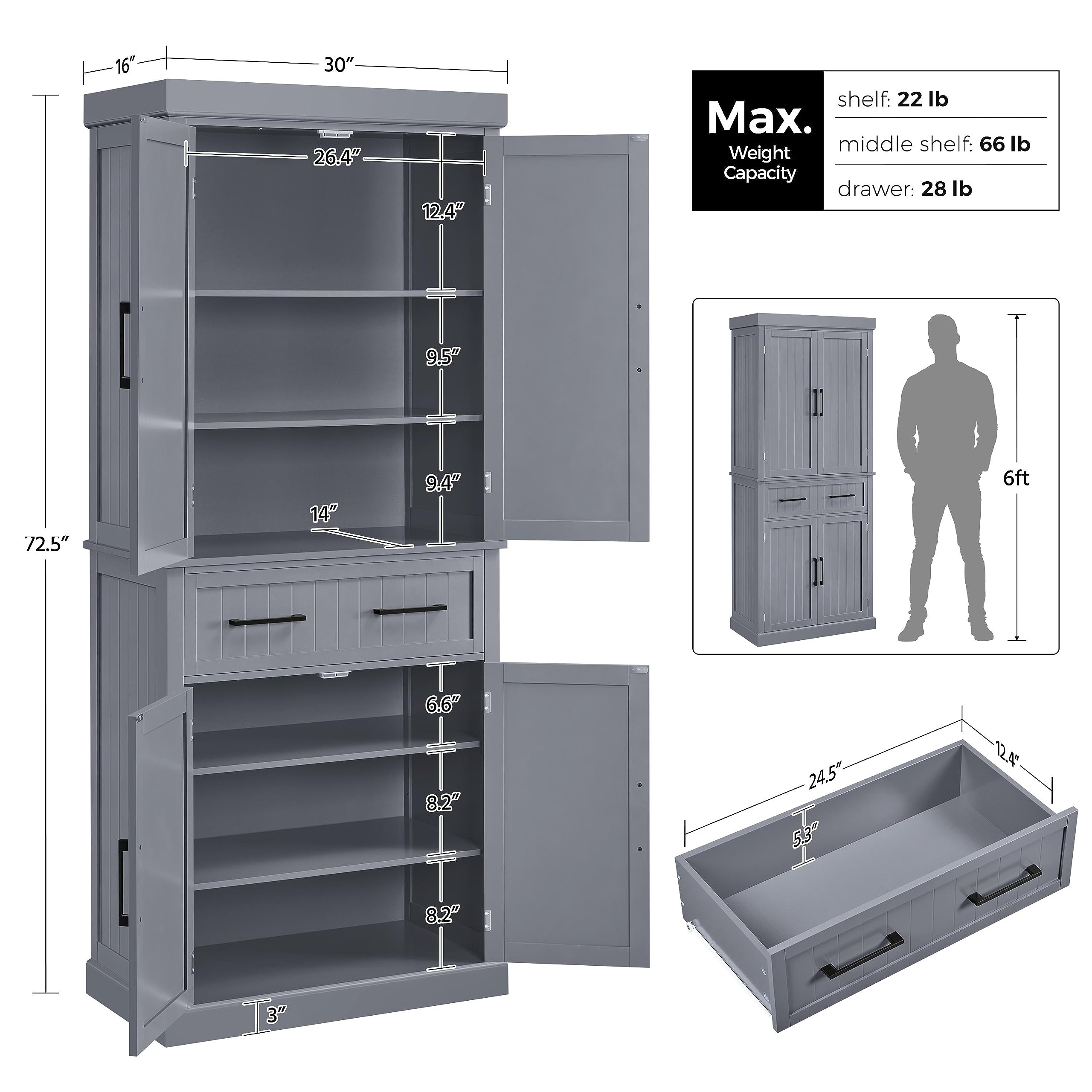Yaheetech Kitchen Pantry Storage Cabinet with Drawer, 72.5" H Cupboard Pantry Cabinets with Adjustable Shelves and Barn Doors for Dining Room/Living Room, Dark Gray