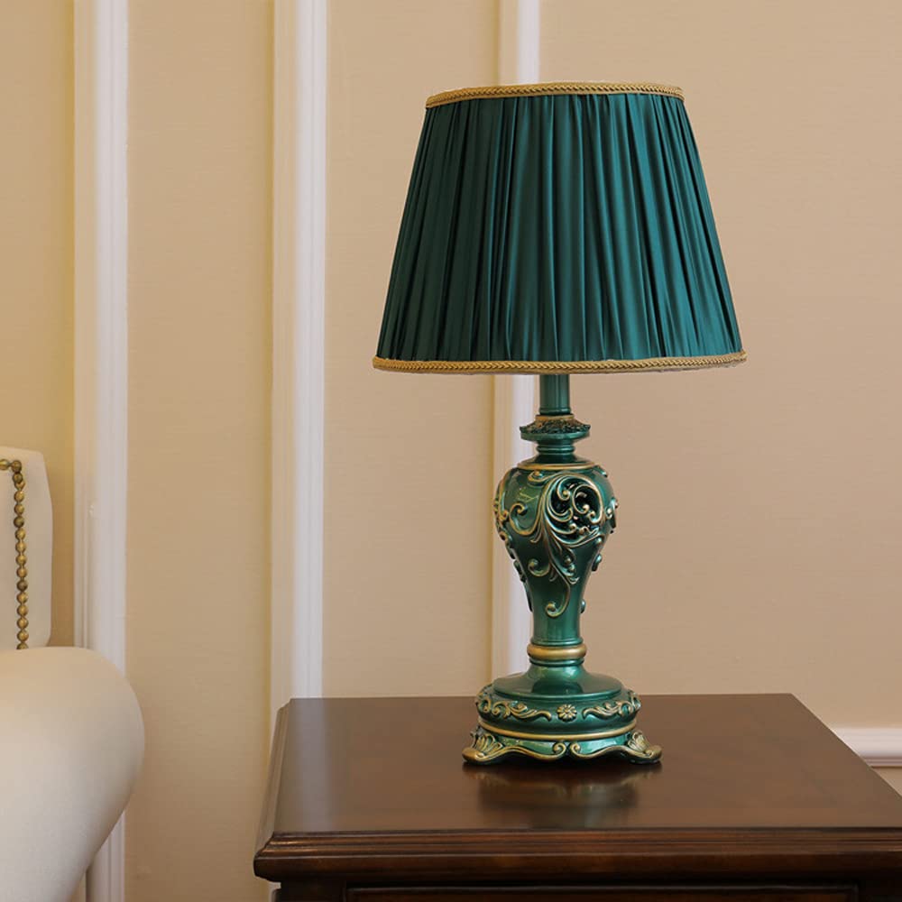 GaRcan Victorian Style Table Lamp, Traditional Handmade Fabric Lampshade Bedroom Bedside Lamp Resin Sculpture Lamp Body Desk Lamp for Living Room Study Reading Lamp