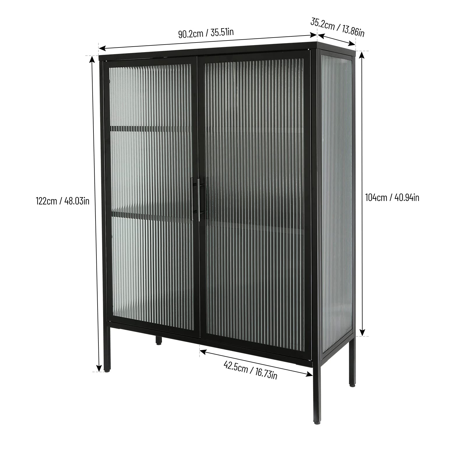 DiMorture 48 Inch-Height Double Glass Door Storage Cabinet, Sideboard Cupboard with Adjustable Shelves, Steel Display Cabinet Credenzas Console Table for Kitchen Entryway, Black