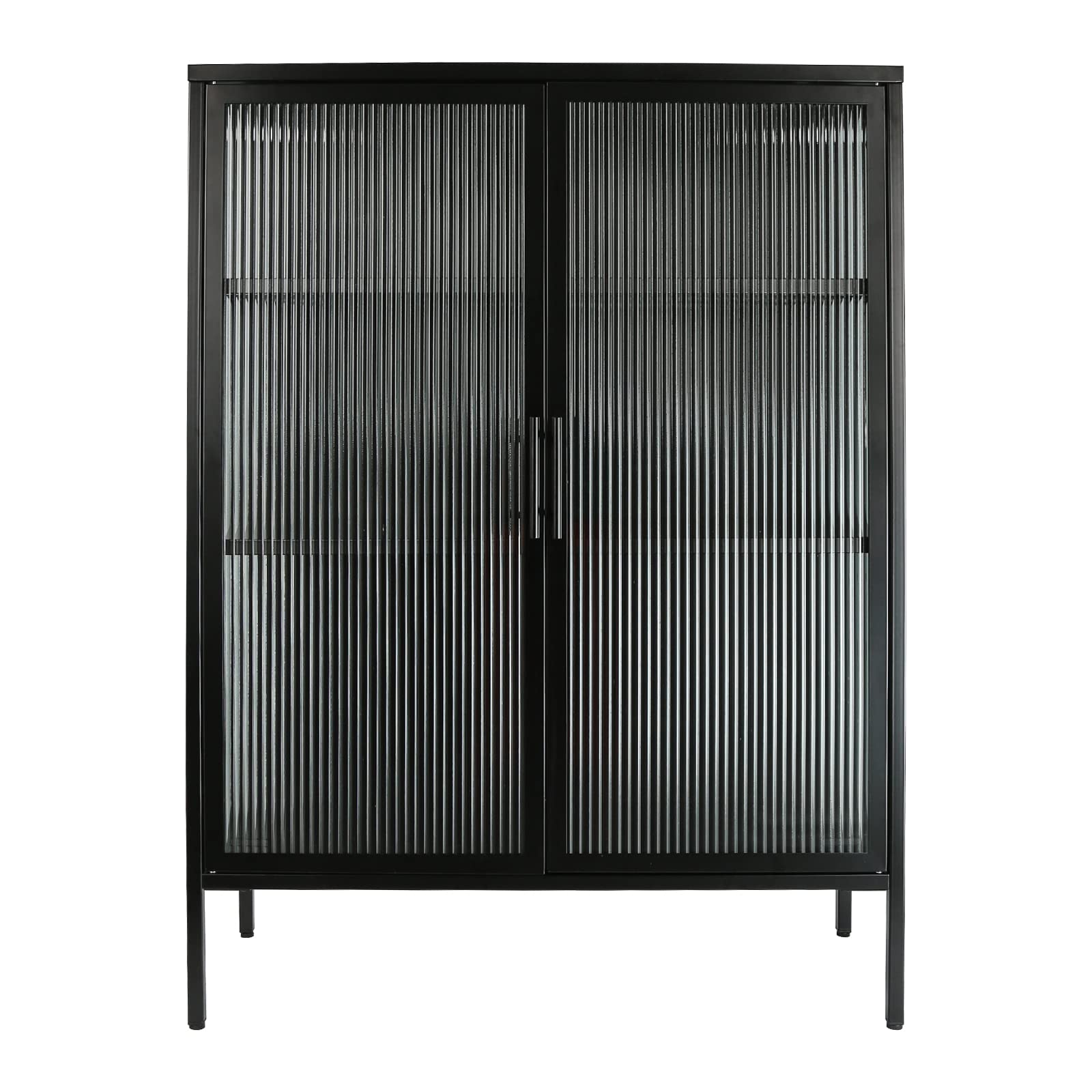 DiMorture 48 Inch-Height Double Glass Door Storage Cabinet, Sideboard Cupboard with Adjustable Shelves, Steel Display Cabinet Credenzas Console Table for Kitchen Entryway, Black
