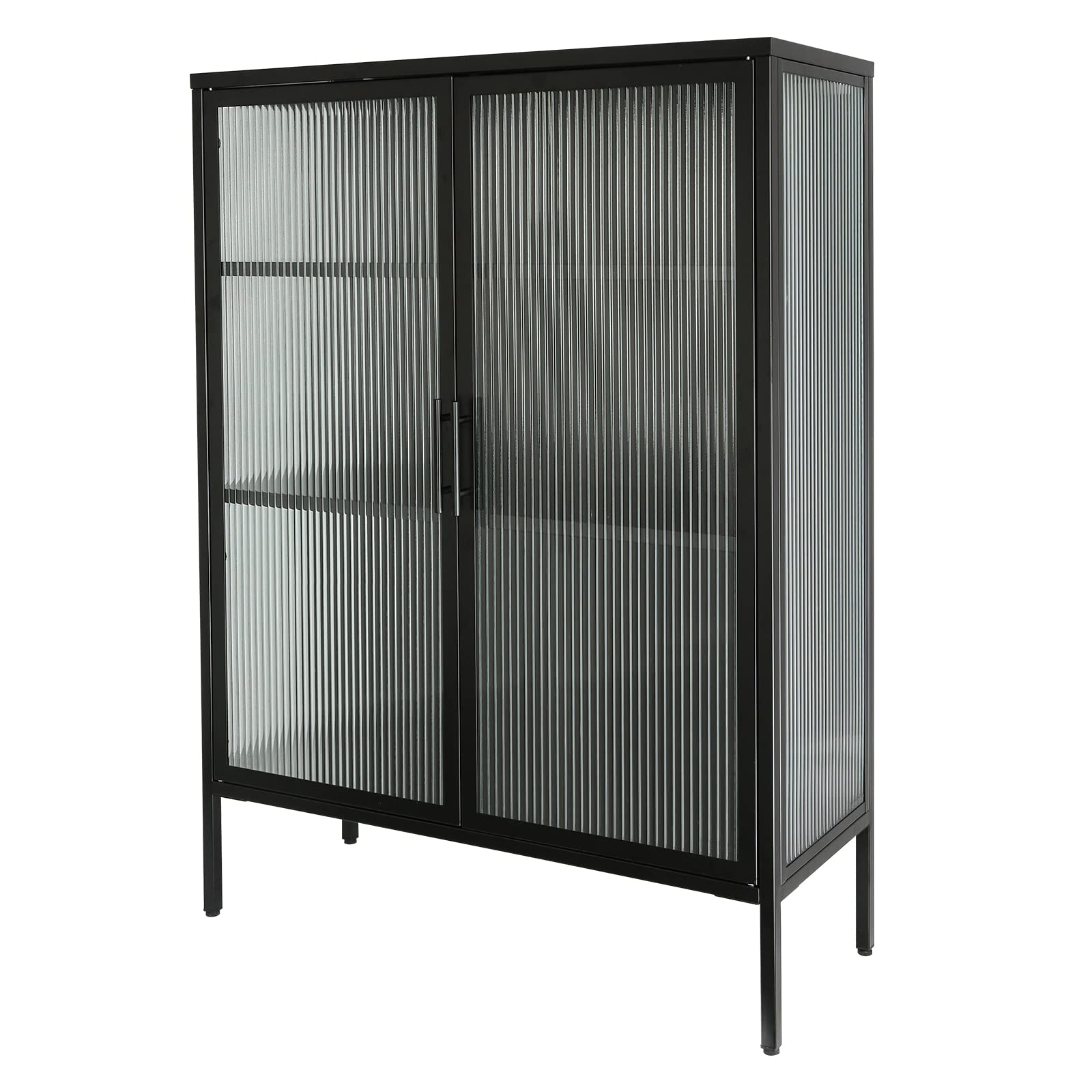 DiMorture 48 Inch-Height Double Glass Door Storage Cabinet, Sideboard Cupboard with Adjustable Shelves, Steel Display Cabinet Credenzas Console Table for Kitchen Entryway, Black