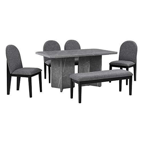 FIQHOME Se 6-Piece, Modern Style Set with Faux Marble 4 Upholstered Dining 1 Bench,Kitchen Table and Chairs for 6,Gray