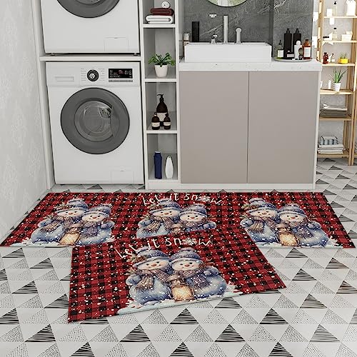 Christmas 2Pcs Kitchen Rugs, Anti Fatigue Kitchen Mat Non Slip Rug Runner Comfort Standing Floor Mats Kitchen Carpet Set for Sink, Laundry - Christmas Cartoon Snowman Red Black Plaid