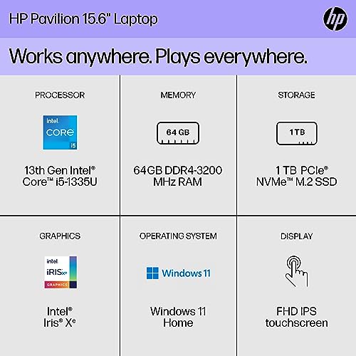 HP Pavilion 15.6" Touchscreen Laptop, FHD IPS Display, 13th Gen Intel Core i5-1335U, 64GB RAM, 1TB SSD, Intel Iris Xe Graphic, Business & Student, Full-Size Backlit Keyboard, WiFi 6, Windows 11Home