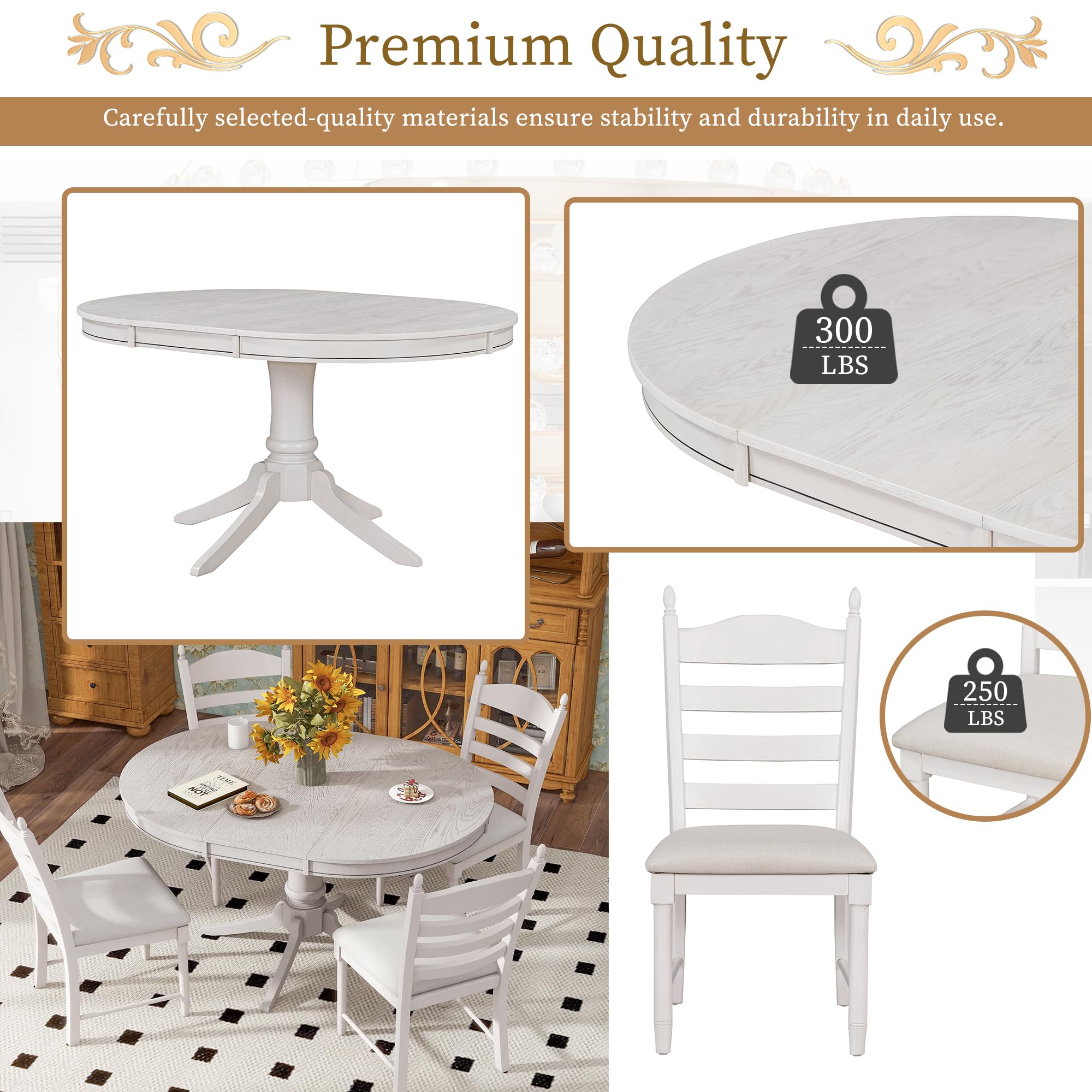 P PURLOVE 5 Piece Round Dining Table Set, Functional Furniture Retro Style, Round Table with a 16" W Leaf and 4 Upholstered Chairs, Dining Set for Dining Room and Living Room (Walnut)