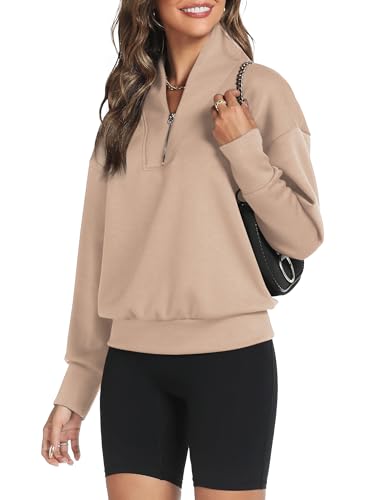 THANTH Half Zip Sweatshirt for Women Baggy Quarter Zip Pullover Hoodies Fall Outfits Cute Y2k Long Sleeve Sweatshirts Apricot M