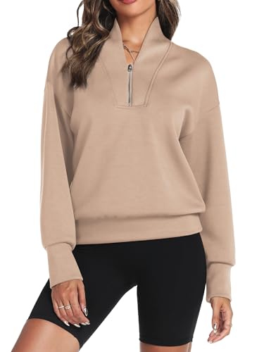 THANTH Half Zip Sweatshirt for Women Baggy Quarter Zip Pullover Hoodies Fall Outfits Cute Y2k Long Sleeve Sweatshirts Apricot M