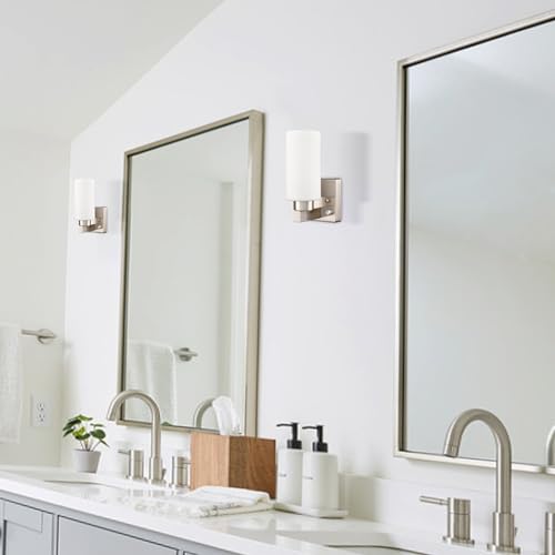 DEYNITE Modern Plug in Wall Sconce with Cord Brushed Nickel Bathroom Vanity Light with Milky White Cylinder Glass Shade Set of 2