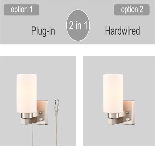 DEYNITE Modern Plug in Wall Sconce with Cord Brushed Nickel Bathroom Vanity Light with Milky White Cylinder Glass Shade Set of 2
