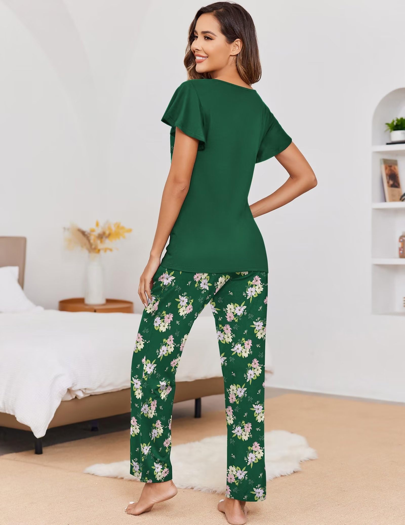 Ekouaer 2 Pack Womens Pajama Sets Short Sleeve with Long Pajama Pant Set Soft Sleepwear Printed Pj Lounge Set with Pockets
