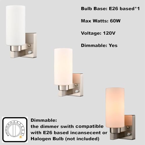 DEYNITE Modern Plug in Wall Sconce with Cord Brushed Nickel Bathroom Vanity Light with Milky White Cylinder Glass Shade Set of 2