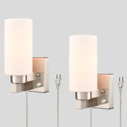 DEYNITE Modern Plug in Wall Sconce with Cord Brushed Nickel Bathroom Vanity Light with Milky White Cylinder Glass Shade Set of 2