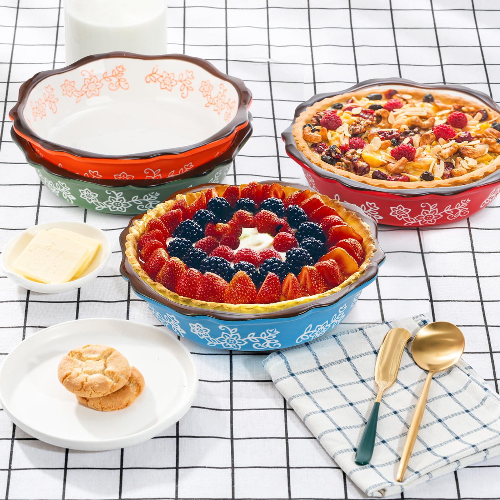 Cedilis 4 Pack Ceramic Mini Pie Pans, 6 inch Pot Pies Pan with Fluted Rims, 10oz Small Pie Dish for Baking Individual Quiche, Tarts, Fruit Pies, Microwave and Dishwasher Safe, 4 Color