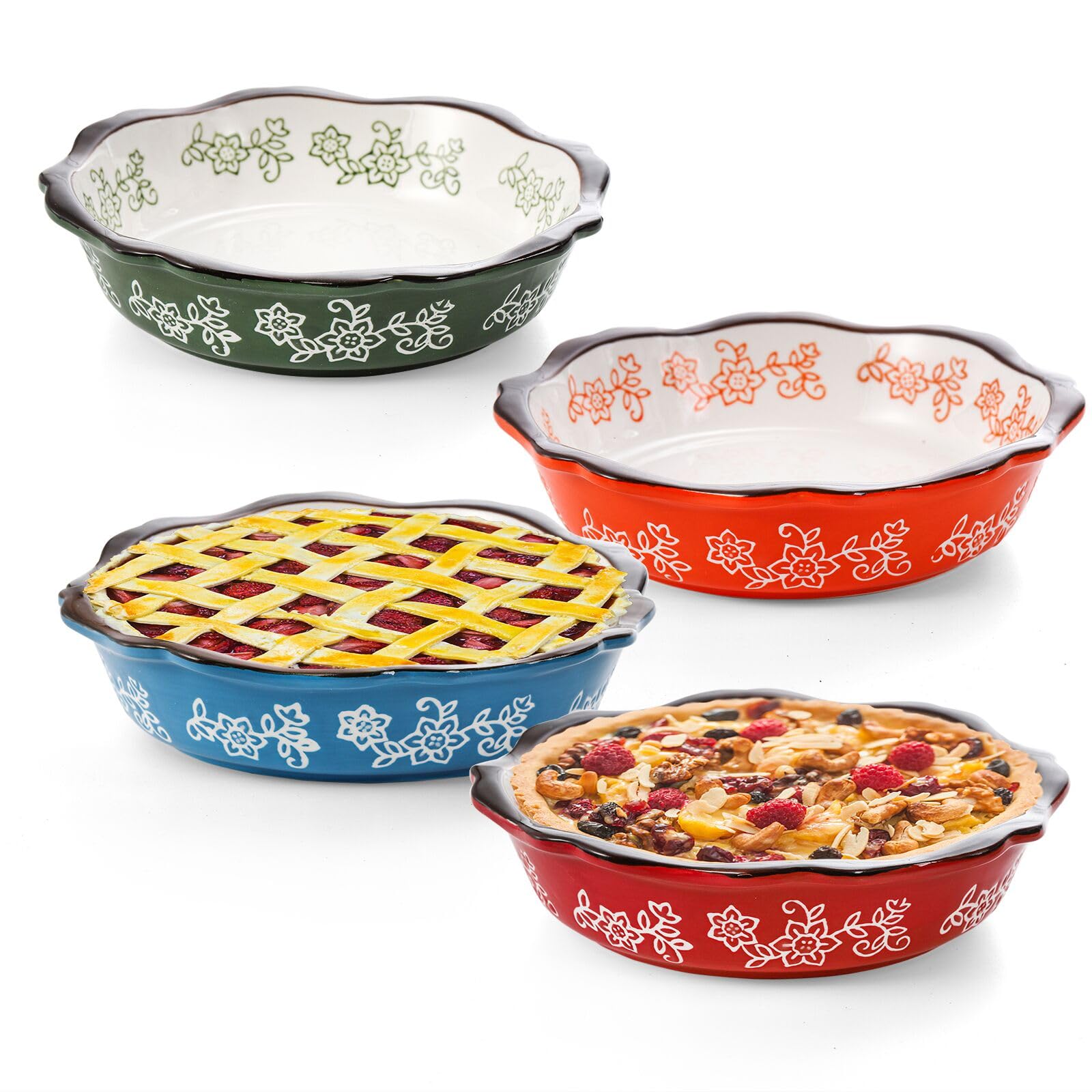 Cedilis 4 Pack Ceramic Mini Pie Pans, 6 inch Pot Pies Pan with Fluted Rims, 10oz Small Pie Dish for Baking Individual Quiche, Tarts, Fruit Pies, Microwave and Dishwasher Safe, 4 Color