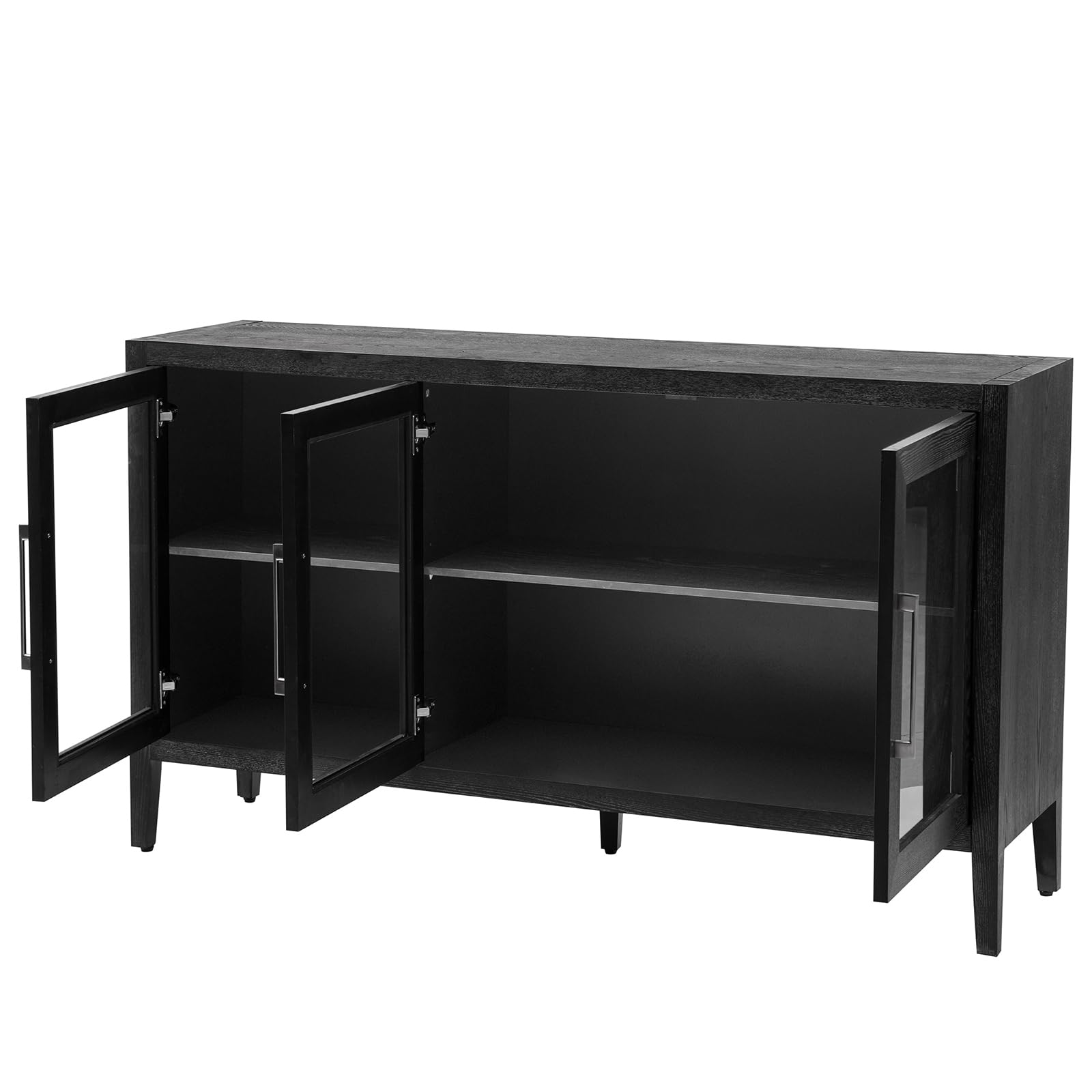VKKILPEE 58" Black Accent Cabinet with Three Tempered Glass Doors, Wood Buffet Sideboard Floor Cabinet Sideboard with Adjustable Shelf, Multifunctional Storage Cabinet for Collections, Display