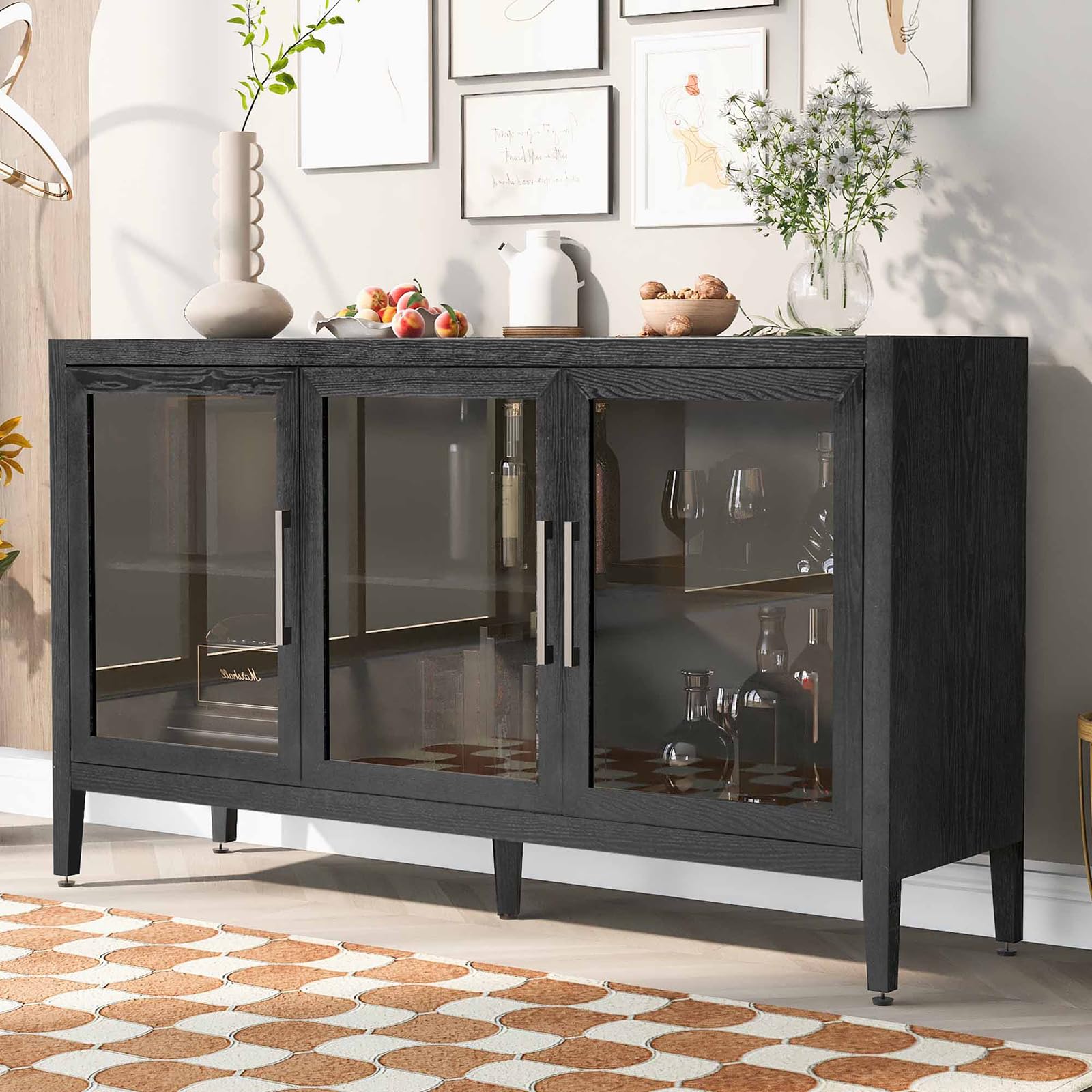 VKKILPEE 58" Black Accent Cabinet with Three Tempered Glass Doors, Wood Buffet Sideboard Floor Cabinet Sideboard with Adjustable Shelf, Multifunctional Storage Cabinet for Collections, Display