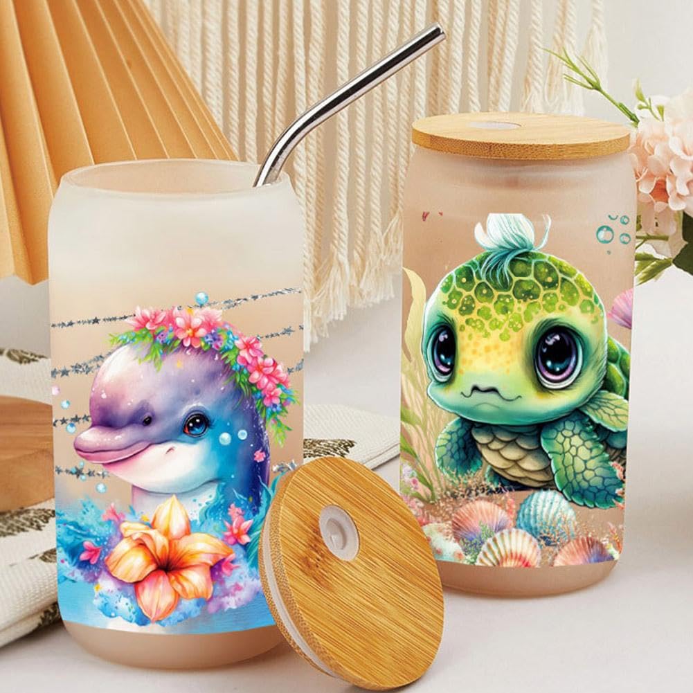 ZOHIKO Protect The Sea Iron On Transfer Patches, Marine Animals UV DTF Transfers Stickers, DIY Cup Wrap Turtle Dolphin Printed Rub on Transfers Stickers for Water Bottle Coffee Mug