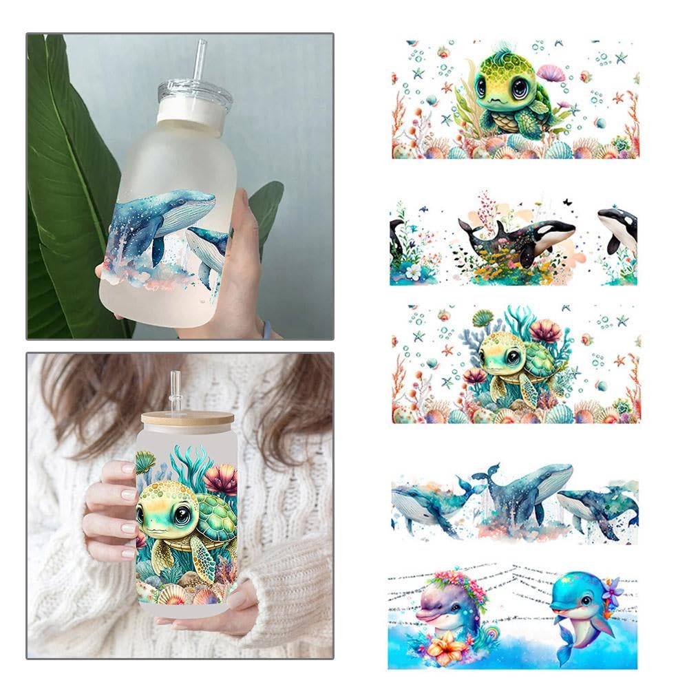 ZOHIKO Protect The Sea Iron On Transfer Patches, Marine Animals UV DTF Transfers Stickers, DIY Cup Wrap Turtle Dolphin Printed Rub on Transfers Stickers for Water Bottle Coffee Mug