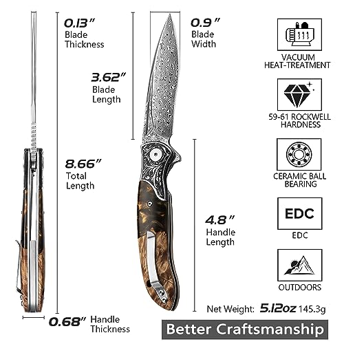 TRIVISA Damascus Folding Knife for Men,3.6'' Hand Forged 110 Layers Steel Hunting Blade,Resin and Wood Handle with Pocket Clip,Virgo-07Y
