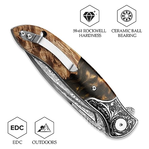 TRIVISA Damascus Folding Knife for Men,3.6'' Hand Forged 110 Layers Steel Hunting Blade,Resin and Wood Handle with Pocket Clip,Virgo-07Y