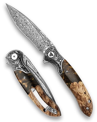TRIVISA Damascus Folding Knife for Men,3.6'' Hand Forged 110 Layers Steel Hunting Blade,Resin and Wood Handle with Pocket Clip,Virgo-07Y