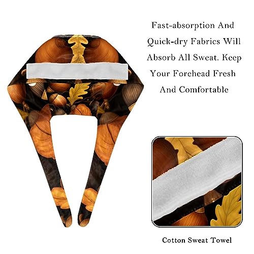 2Pcs Thanksgiving Acorn Nurses tie Back hat with Buttons,Sweatband Bouffant Hats,One Size