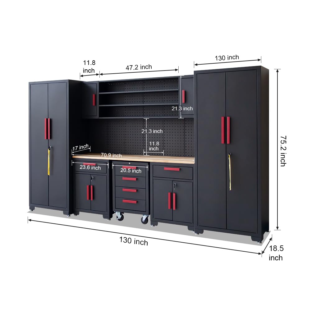 4utoHydra 9-Pcs Workshop Cabinet Set in Black with Workbench - Perfect for Organizing Garage and Tools - Included Steel Cabinets Drawers Shelving Rolling Chest, RD-QGPGC103000