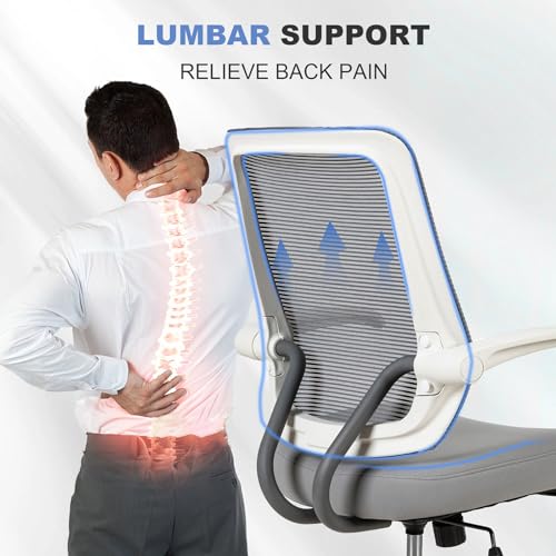 Home Office Desk Chair with Flip Up Armrest, Lumbar Support, Soft Sponge Seat, Breathable Mesh Mid Back Computer Chair, Swivel Task Chair, 300LBS Weight Capacity, Grey