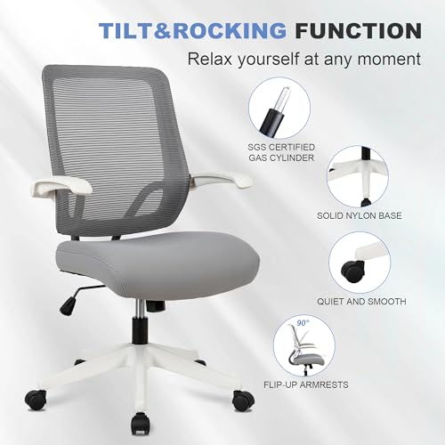 Home Office Desk Chair with Flip Up Armrest, Lumbar Support, Soft Sponge Seat, Breathable Mesh Mid Back Computer Chair, Swivel Task Chair, 300LBS Weight Capacity, Grey
