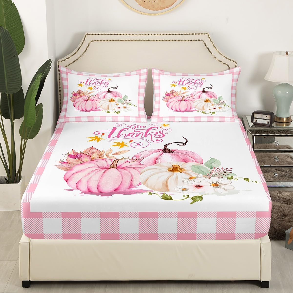 Pink Fall Bed Sheet Set Pumpkin Fitted Sheet for Kids Boys Girls Teens Room Decorations Autumn Harvest Bedding Set Full Size Buffalo Check Grid Bed Cover Deep Pocket 3Pcs