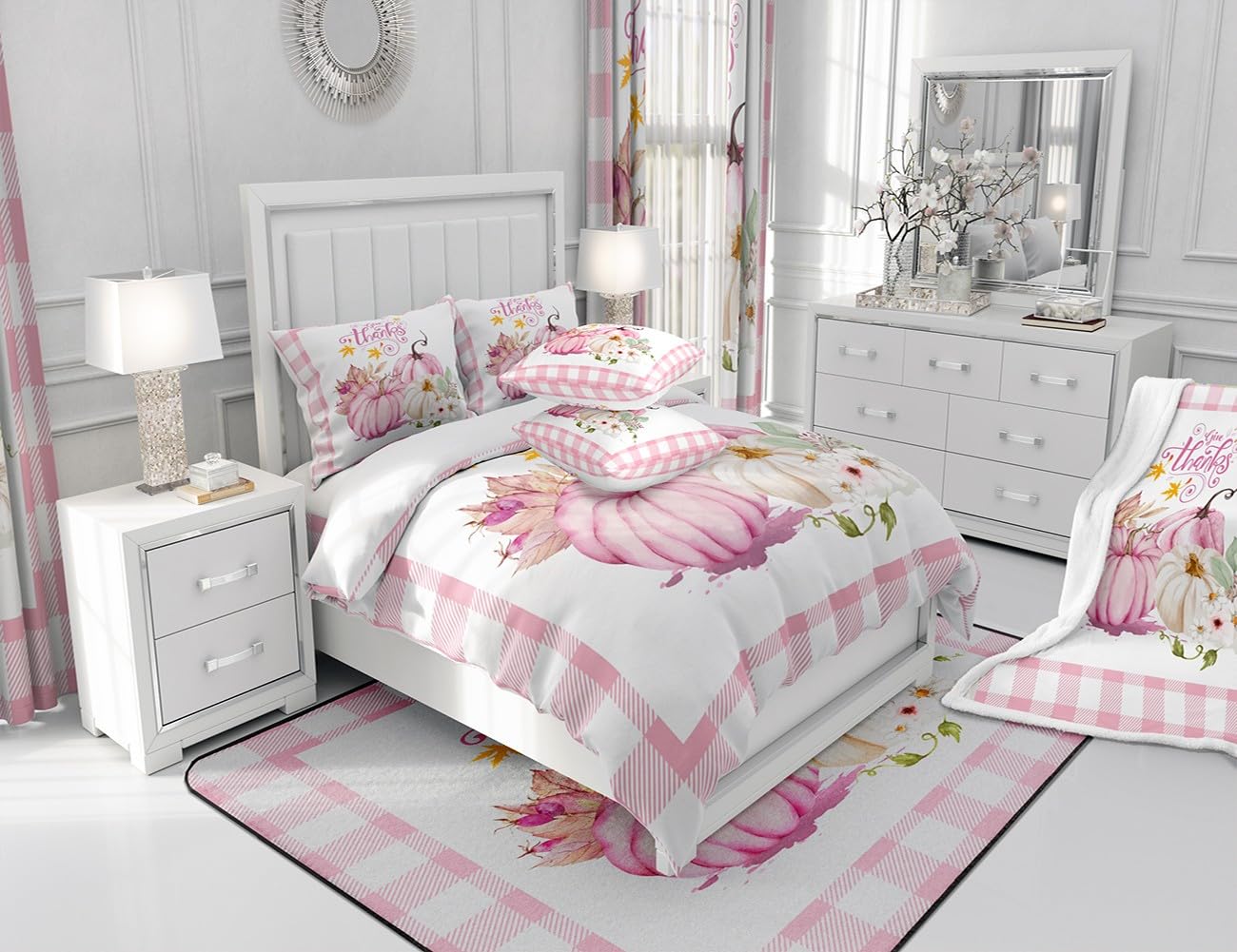 Pink Fall Bed Sheet Set Pumpkin Fitted Sheet for Kids Boys Girls Teens Room Decorations Autumn Harvest Bedding Set Full Size Buffalo Check Grid Bed Cover Deep Pocket 3Pcs