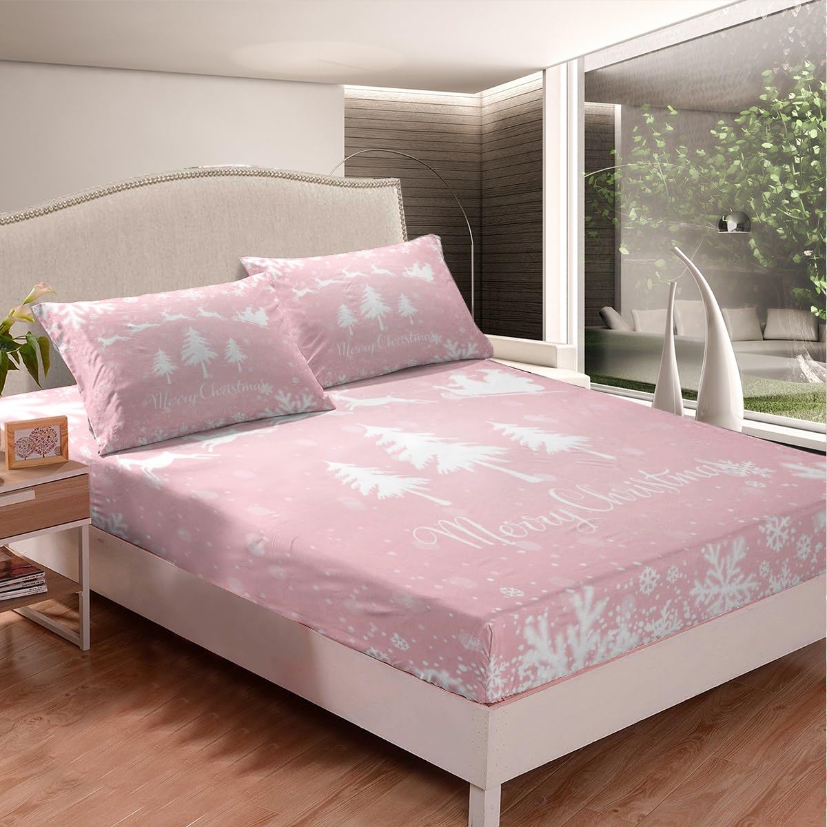 Pink Christmas Bed Sheets Set Merry Christmas Tree Sheet Set for Kids Boys Girls Teens Room Decorations Santa Claus Sheets with Deep Pocket Fitted Sheet Full Size Xmas Deer Elk Bedding Set 4Pcs