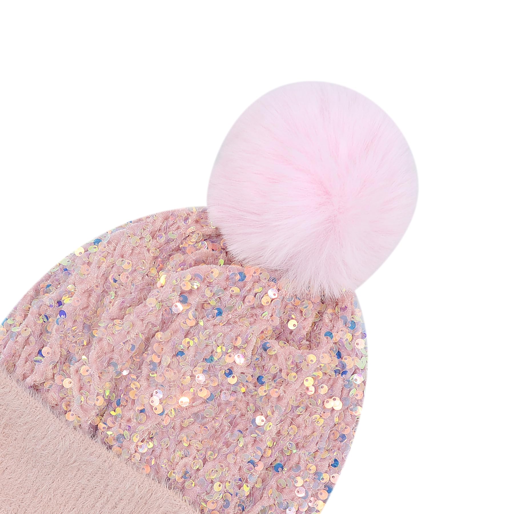 Caviotess Women Sparkly Sequins Knitted Beanie Hat Warm Winter Skull Cap with Faux Fur Pom Pom Light Pink
