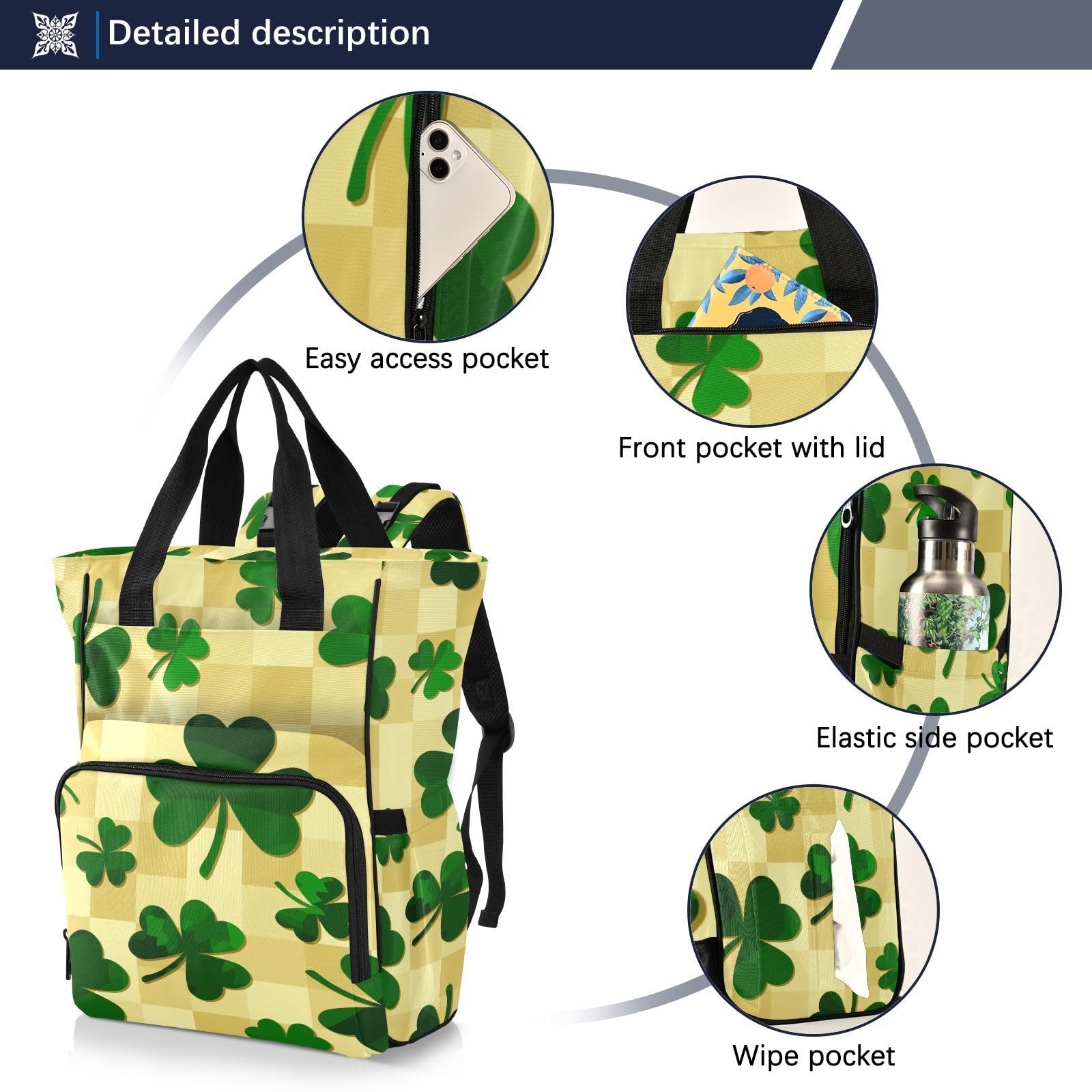 St. Patrick's Day Shamrock Diaper Bag Backpack for Baby Boys Girls Baby Essentials Travel Tote with Stroller Straps & Bottle Storage Nappy Changing Bag for Traveling Shopping Hiking Moms Dads