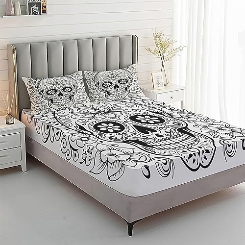 Day of the Dead Sheet Set Full Size - Sugar Skull Bed Sheets - Mexican Printed Bedding Sheets & Pillowcases - Super Soft & Deep Pocket & Winkle Free - 4 Piece ( Flat, Fitted Sheet & 2 Pillowcases)
