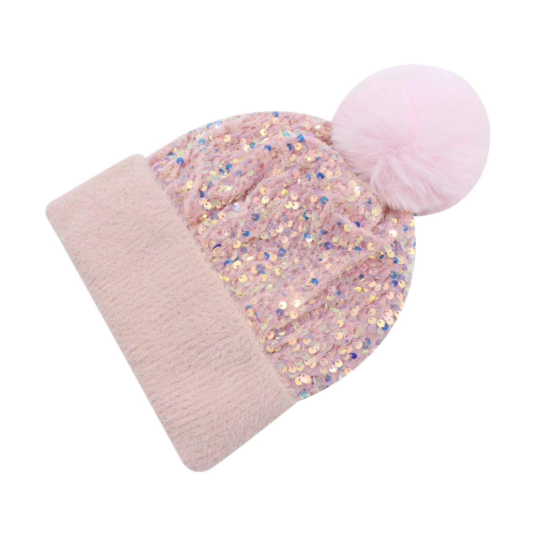 Caviotess Women Sparkly Sequins Knitted Beanie Hat Warm Winter Skull Cap with Faux Fur Pom Pom Light Pink