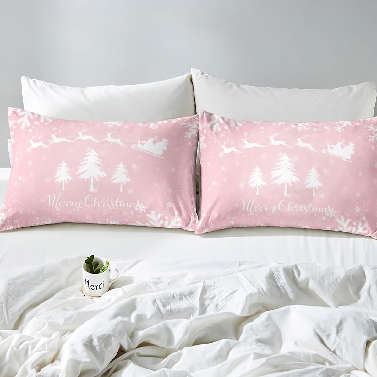 Pink Christmas Bed Sheets Set Merry Christmas Tree Sheet Set for Kids Boys Girls Teens Room Decorations Santa Claus Sheets with Deep Pocket Fitted Sheet Full Size Xmas Deer Elk Bedding Set 4Pcs